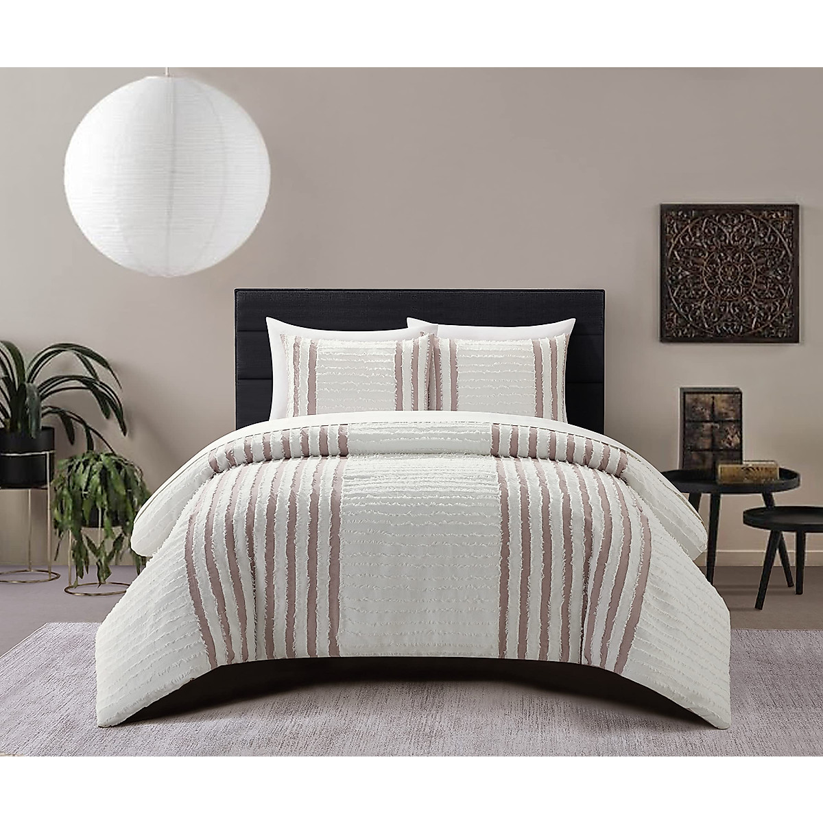 Chic Home Salma 3 Piece Cotton Duvet Cover Set Clip Jacquard Striped Pattern Design Bedding - Decorative Pillow Shams Included, Queen, Blush