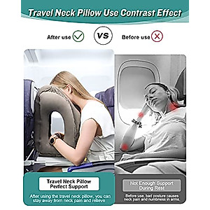 JefDiee Inflatable Travel Pillow, Airplane Neck Pillow Comfortably Supports Head and Chin for Airplanes, Trains, Cars and Office Napping with 3D Eye Mask, Earplugs and Portable Drawstring Bag (Grey)