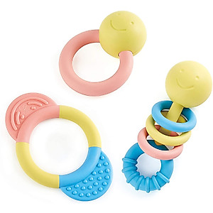 Hape Rattle & Teether Collection | 3-Piece Rattle & Teething Set for Babies, Soft Colors