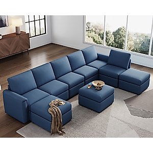 LINSY HOME Modular Sectional Sofa, Oversized Sectional Couch with Storage, Ottomans, Modular Sectional Sleeper Sofa with Memory Foam, 9 Seat U Shape Sofa Set for Living Room, Blue