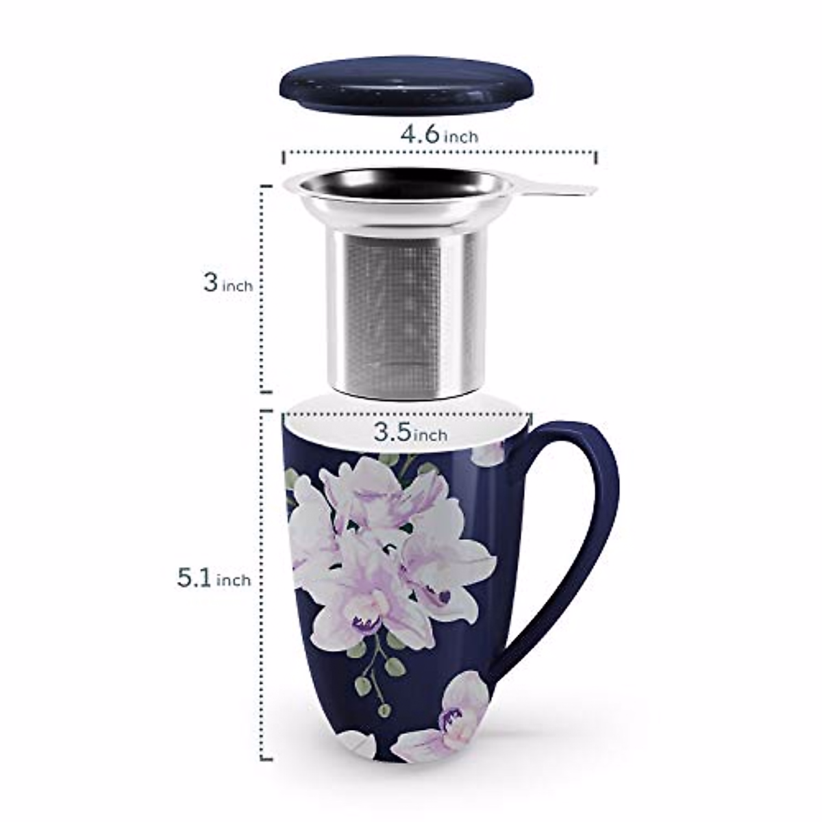 immaculife Tea Cup with Infuser and Lid for Steeping Loose Leaf Tea Bag Coffee Milk Women Office Home Gift 16oz Navy Floral Print