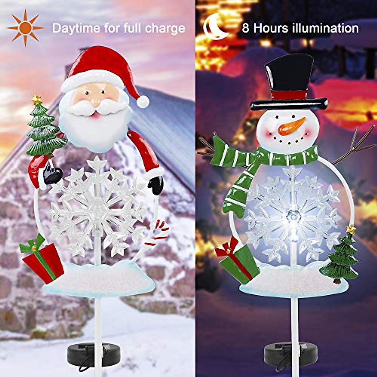 FORUP Solar Christmas Yard Decorations, Outdoor LED Solar Powered Snowflake Xmas Pathway Lights, Metal Garden Stake Lights, Snowman Santa Christmas Lawn Yard Ornament, Set of 2