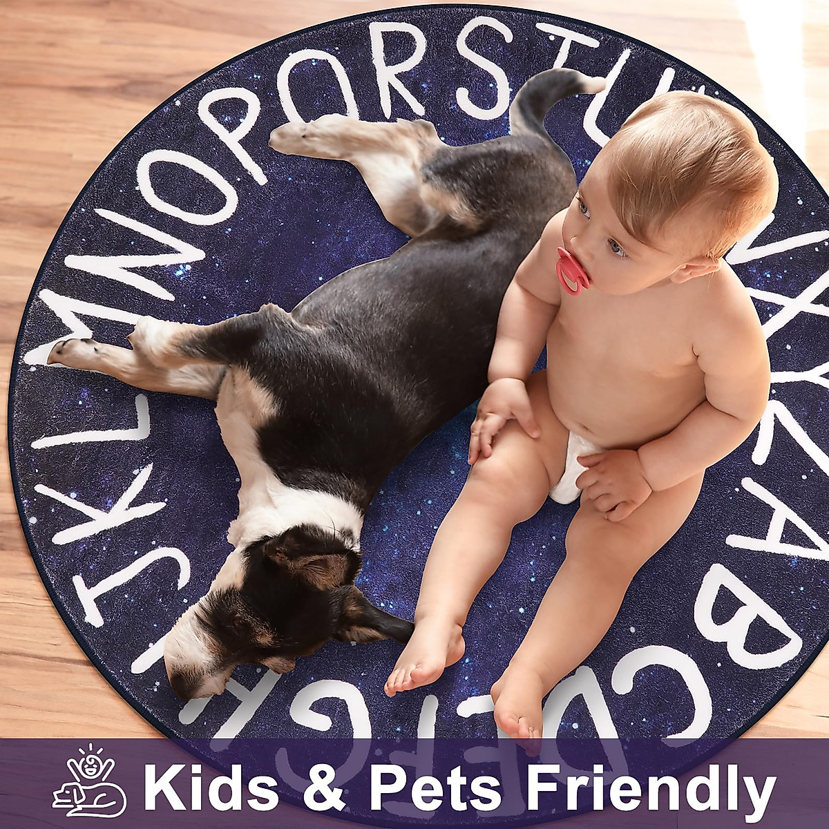 LIVEBOX Space Round ABC Rug for Kids Playroom, Alphabet Nursery Rug Crawling Play Mat for Children Bedroom, Galaxy Washable Rug Learning Carpet for Baby Toddlers Room (47",Star Blue)