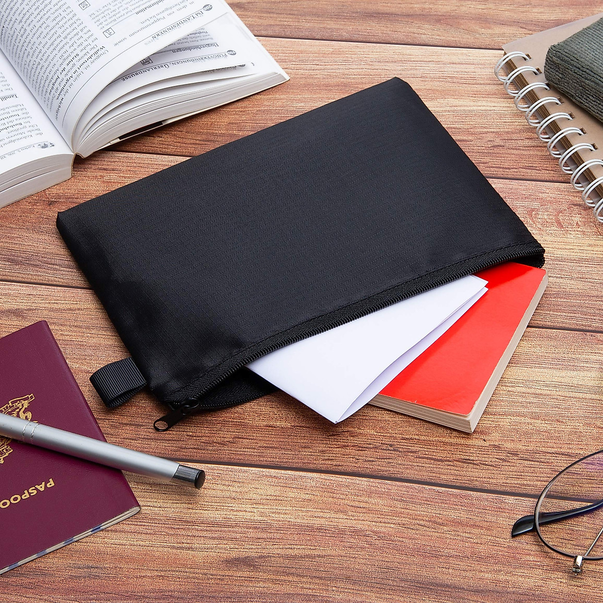 Zipper Bag - Set Of 5 - Carry All Pouch To Organize Travel Toiletries Pens Cosmetics (8 x 6, Black)