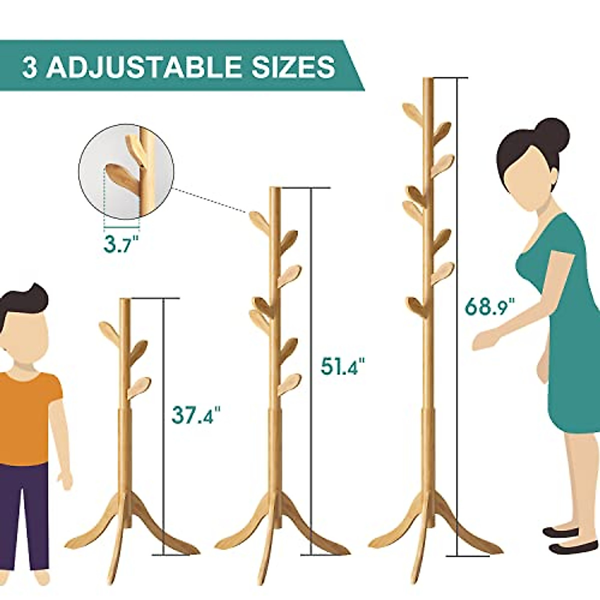 viewcare Coat Rack Free Standing, Adjustable Coat Tree with 8 Hooks, Bamboo Coat Stand for Entryway, Hallway, Corner, Bedroom & Office, Sturdy Coat Rack for Coats, Hats, Scarves, and Handbags