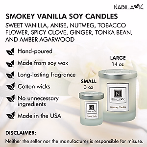 Nabila K – Smokey Vanilla - Soy-Based Candle – Anise, Nutmeg, Spicy Clove, Ginger, Sweet Vanilla, Amber - Hand-Poured - Cotton Wick - Aromatherapy Candle w/Essential Oils - Made in USA - 3 oz