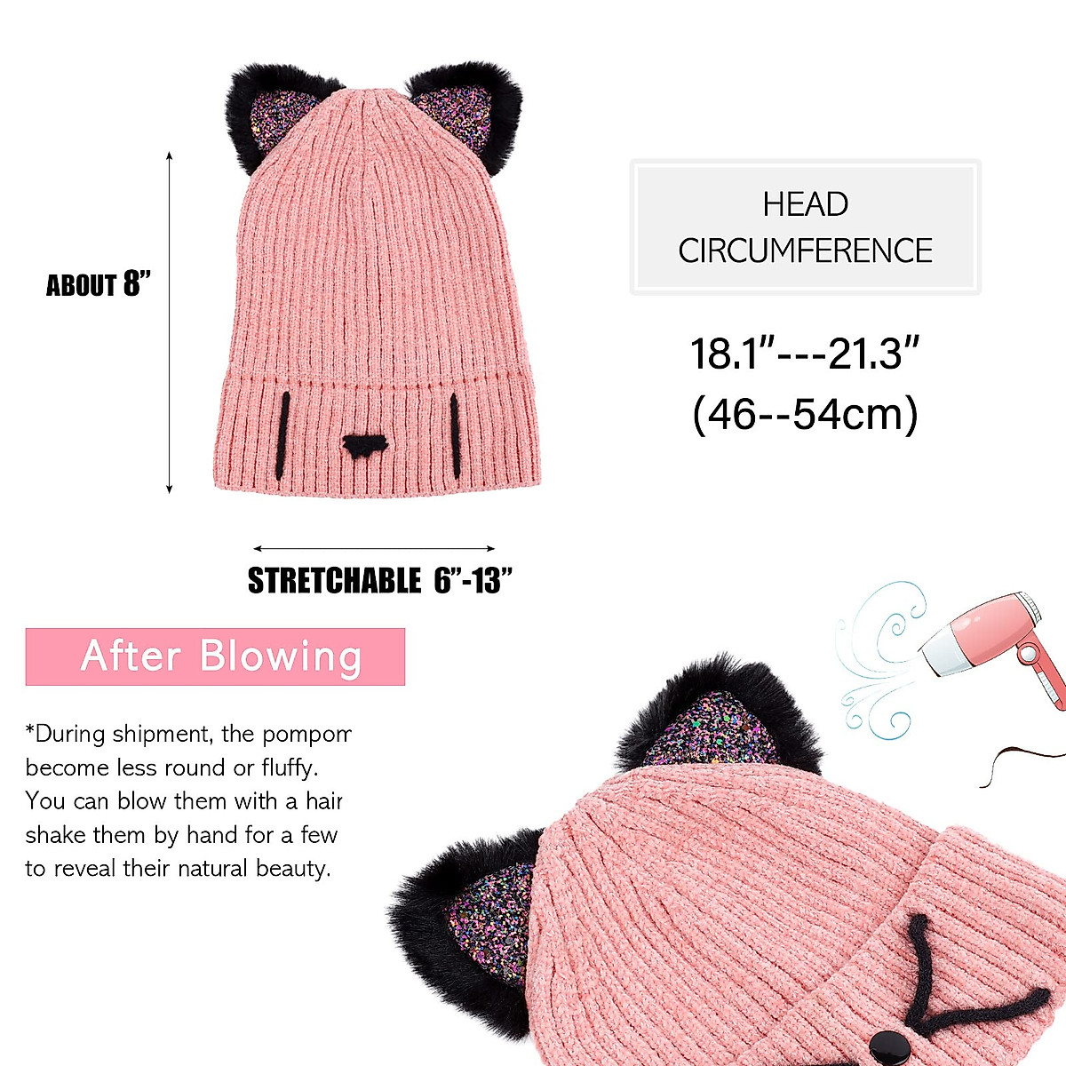 Girls Sequin Cat Ears Hats Cute Winter Beanies Hat for Outdoor Snow Ski Warm Knit Caps (Age 7-15)