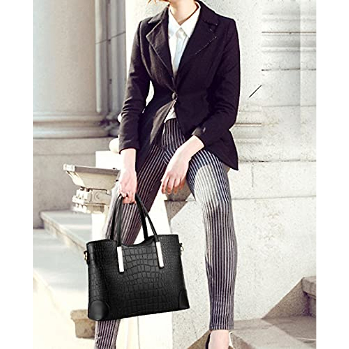 FiveloveTwo Women Ladies 2Pcs Purse and Handbags Tote PU Stiching Top Handle Satchel Shoulder Bag Clutches Black