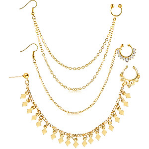 3 Pieces Nose Hoop Chain Rings Double-layer Septum Non Piercing Nose Hoop Ring Dangle Chain Earrings (Gold)