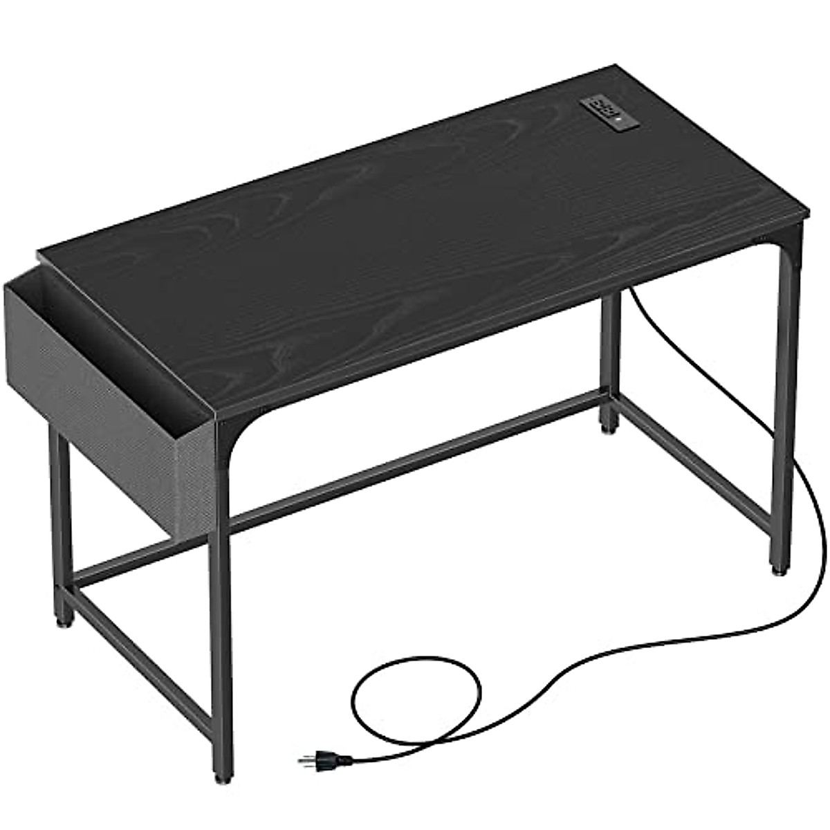 Rolanstar Computer Desk with Power Outlet, Home Office PC Desk with USB Ports Charging Station, 39" Desktop Table with Side Storage Bag and Iron Hooks, Stable Metal Frame Workstation, Black