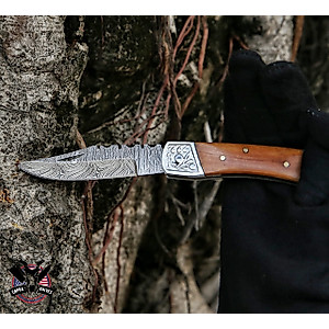 Capra Knives CK-52 Handcrafted Folding Engraved Brass Pocket Knife 4” Folded, 7.25” Long Overall, 4.5oz Olive Wood Handle, Damascus Blade with Leather Sheath