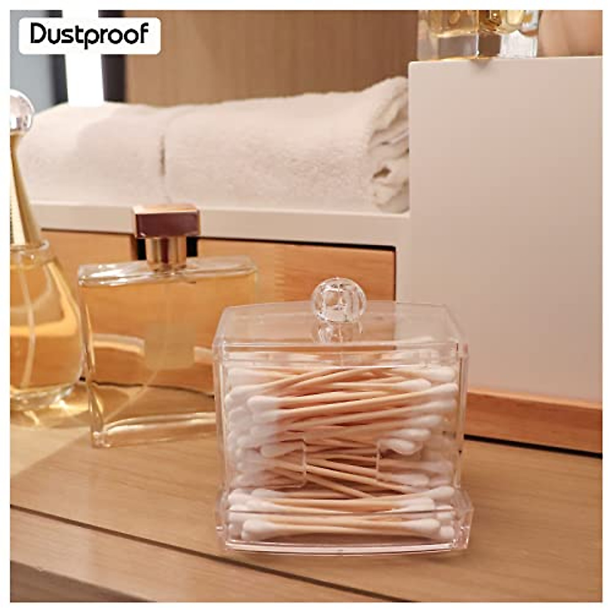 Qihomy Square Cotton Swab Storage Container - Transparent Apothecary Jars With Lids Unbreakable Cotton Ball Qtip Holder With 2 Types Take Out Ways Bathroom Canisters Jars
