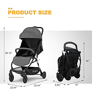 Uenjoy Baby Stroller One-Click Foldable Lightweight Stroller, with Lockable Universal Wheels, Five-Point Safety Belt, Adjustable Awning, Variable Seat and Recliner,Gray