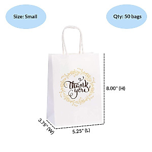 OSpecks 50 Count Small Thank You Gift Bags Bulk with Handles, White Kraft Paper Bags for Retail Shopping, Wedding, Goodies, Merchandise for Customers or Guests, Size 5.25 x 3.75 x 8 Inches