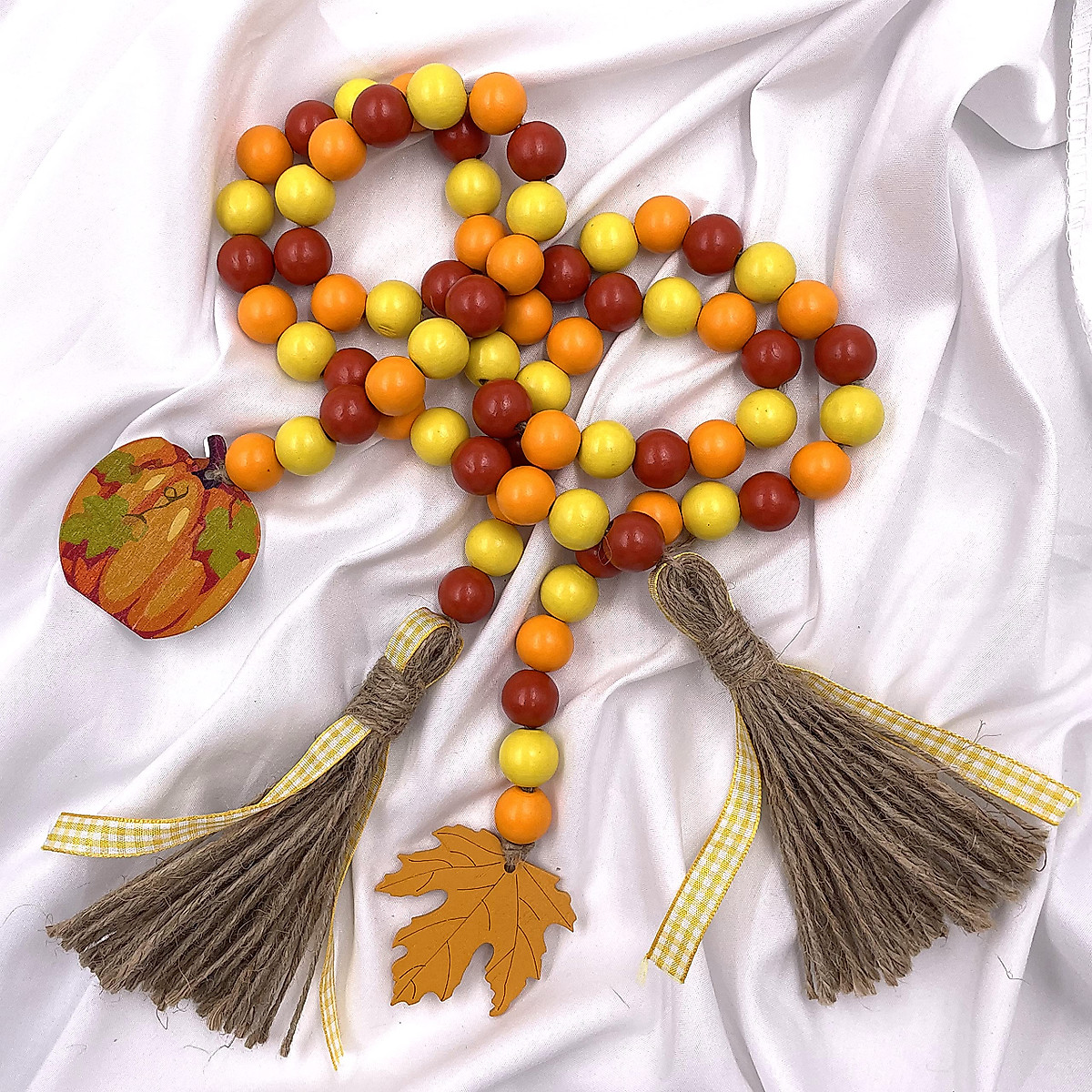OperSeven 2Pcs Thanksgiving Wooden Bead Tassels Ornaments with Pumpkin and Maple Leaves Halloween Pumpkin Wooden Bead Tassels Ornament Fall Harvest Home Decoration