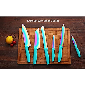 DISHWASHER SAFE Kitchen Knife Set, Marco Almond® KYA37 12-Piece Rainbow Titanium Stainless Steel Boxed Knives Set for Kitchen with Sheath, 6 Knives with 6 Blade Guards, Teal