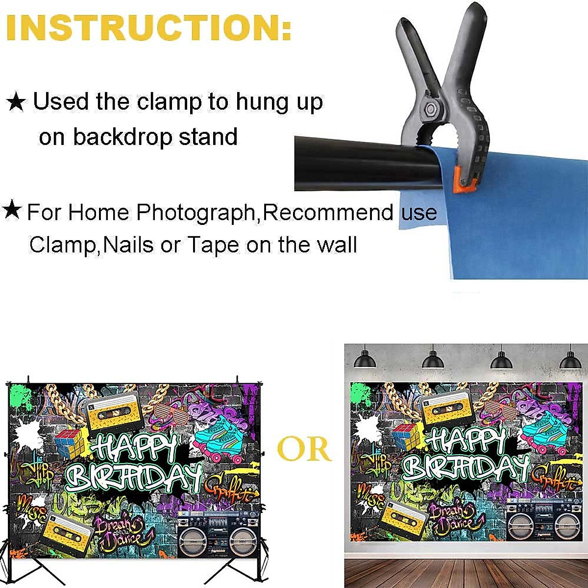 Sensfun Graffiti 80's 90's Birthday Backdrop Urban Retro Hip Hop Birthday Party Background Gold Chain Glasses Cartridge Tape Recorder Disc Rock Birthday Decoration Banner Photo Booth Props 7x5ft