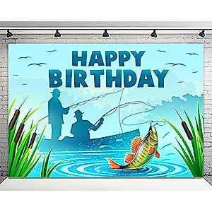 Gone Fishing Happy Birthday Banner Backdrop Fish Fisher Fisherman Theme Decor Decorations for 1st Birthday Party Baby Shower Retirement Party Fishing Party Supplies Favors Background