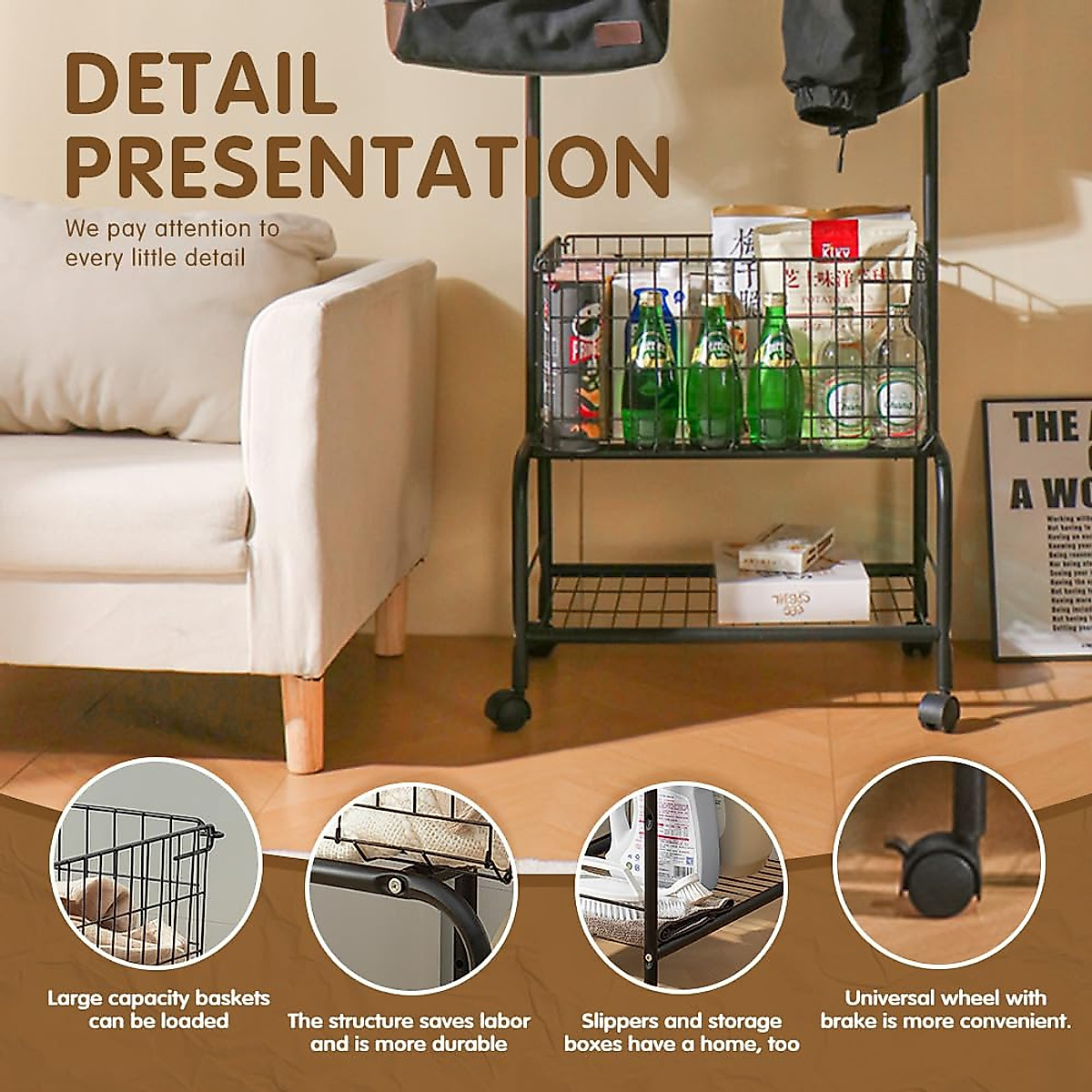 Rolling luandry basket with hanger for garments storage, easy moved with wheels have brake, Laundry basket, white and black，rolling basket (BLACK)