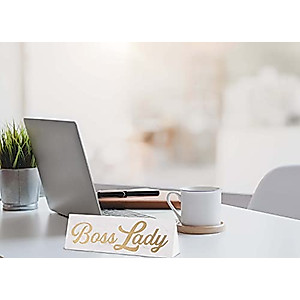 Boss Desk Art for Women and Men Office Decor with Novelty Quote Desk Sign and Plate (Boss Lady, White, Wood)
