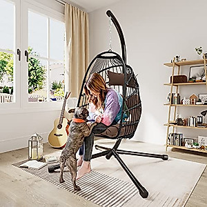 YITAHOME Hanging Egg Swing Chair Outdoor Wicker Hammock Chairs Indoor with Steel Stand UV Resistant Cushion 350lbs for Patio, Bedroom, Garden and Balcony, Brown