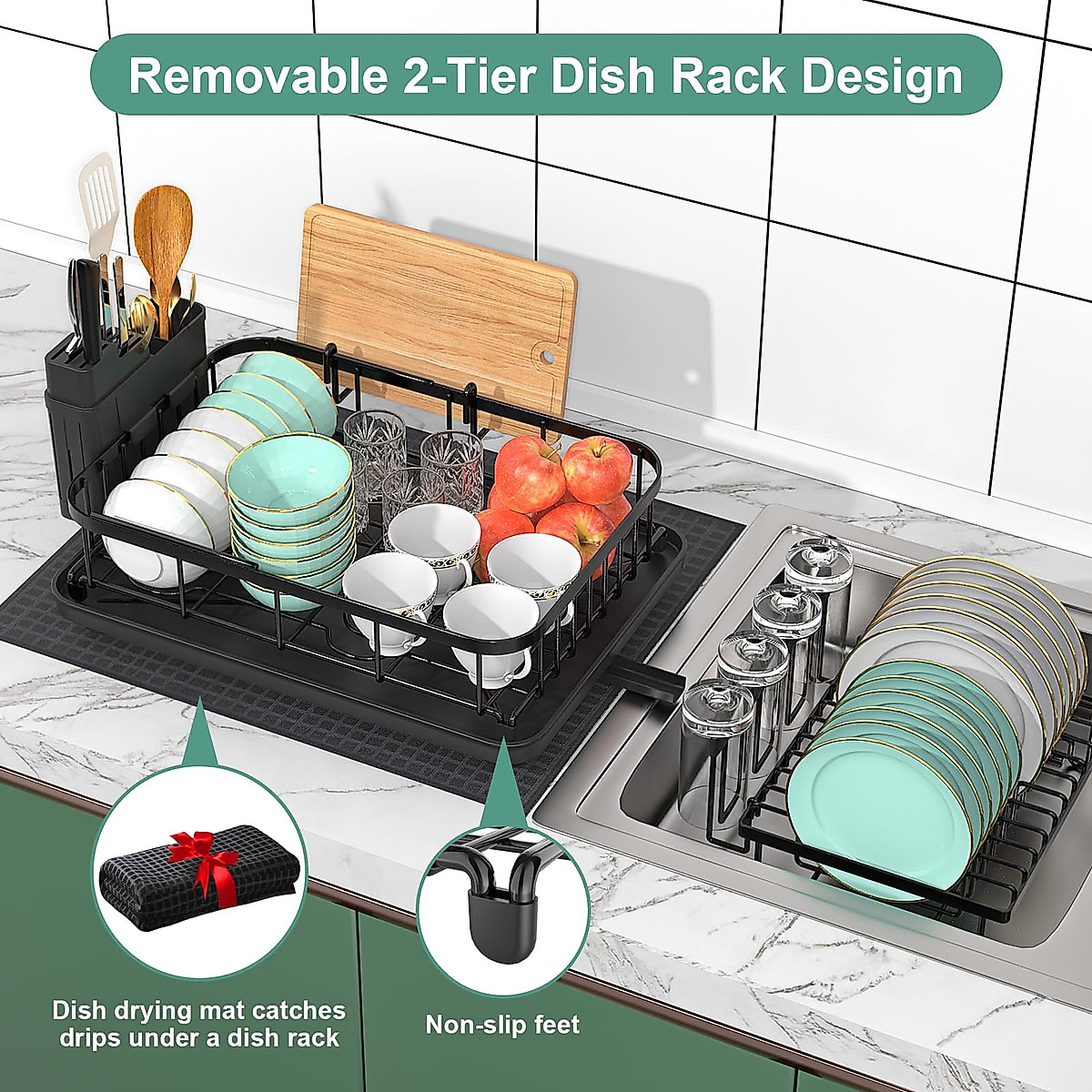 SouAny 2 Tier Dish Drying Rack with Drainboard, Large Dish Organizer and Strainer Set for Kitchen Counter with Mat, Wine Glass Holder and Utensil Holder
