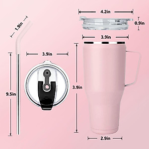 Perched helper 40 oz Tumbler with Handle and Straw, 2-in-1 Lid (Straw/Flip) - Stainless Steel Travel Mug Insulated Vacuum Sealed Cup for Hot and Cold Beverages (Pink)