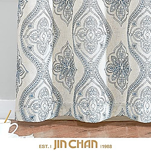 jinchan Linen Textured Curtains for Living Room Embroidered Design Window Curtains Light Filtering Flax Linen Look Window Treatment Set for Bedroom Grommet Top 2 Panels 96 Inch Length Blue