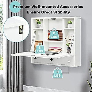 IFANNY Wall Mounted Desk, Wall Computer Desk w/Storage Drawer & Shelves, Compact Floating Desk for Wall, Space Saving Wall Desk Fold Down, Wall Desks for Small Spaces (White)
