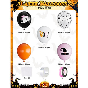 Halloween Balloons,12 Inch Pink Halloween Balloons,Pink Black Orange Balloons,Hey Boo Balloons with Cute Ghost,Wizard Hat,Bat Design for Halloween Party Decorations,Birthday,Baby Shower-50Pcs