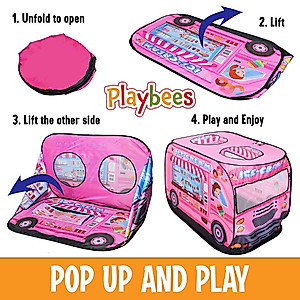 Playbees Musical Ice Cream Truck Pop Up Play Tent with 3 Openings - Tent for Toddlers - Indoor & Outdoor - Pop Up Tents for Kids - Includes Carry Bag and Sound Button- 43.5x28x26.5 Inch