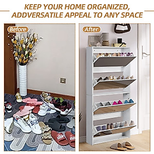 Shoe Storage Cabinet for Entryway Slim, White Wood Shoe Rack Organizer with 4 Flip Mirror Drawers, Freestanding Modern Narrow Shoes Storage Cabinet, Apartment, Living Room