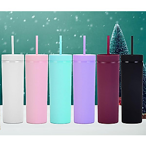 Essasea Matte Black Tumblers with Lids and Straws.16oz Skinny Tumblers Bulk.Double Walled Plastic Acrylic Pastel Tumblers Cups for Iced Coffee Smoothie.DIY Silm Tumblers.