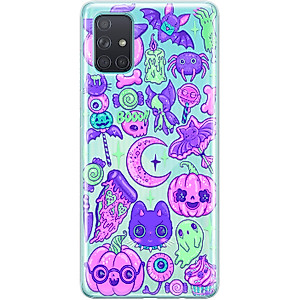 TPU Phone Case Compatible with Samsung A72 A71 5G A70 A51 A50 A32 A21 A11 A12 A13 A14 A01 Ghost Print Lightweight Soft Cat Spooky Cover Bats Flexible Pizza Silicone Purple Pumpkins Shockproof