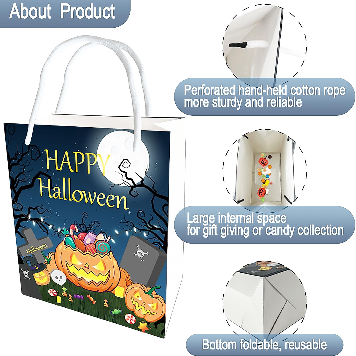 OLIVBIN 6 Halloween Trick or Treat Bags Without Candy, Halloween Tote Bag, Halloween Paper Gift Bags with Handles, Used for Gift Packaging, Food Bags, Snacks, Halloween Party Supplies.