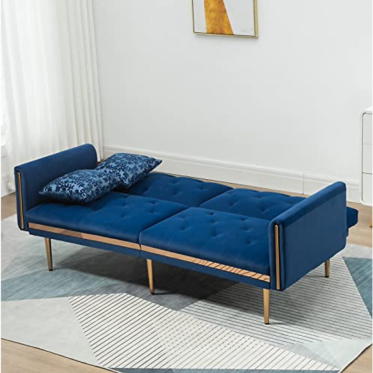 HBHM Velvet Sofa Accent Sofa, Mid Century Modern Loveseat Velvet Fabric Couch, Convertible Futon Sofa Bed, Recliner Couch Accent Sofa Loveseat Sofa with Gold Metal Feet,Blue
