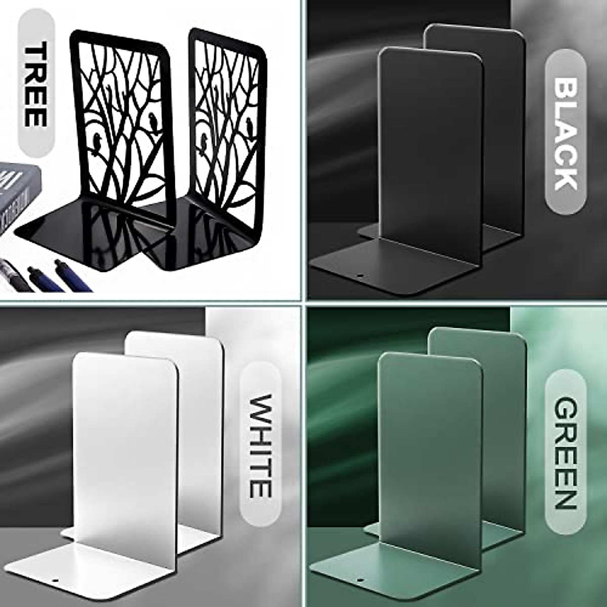 Book Ends, Bookends for Shelves, Non Skid Book Stoppers，Heavy Duty Metal Book Stopper for Books/CDs, Decorative Book Shelf for Home, (2 Pairs)