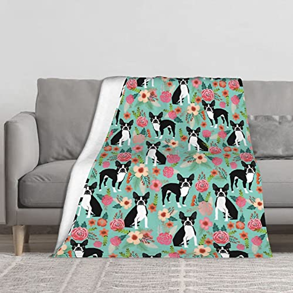 Boston Terrier Vintage Flowers Dog Throw Blanket, Ultra Soft Microplush Bed Blanket, All Season Microfiber Fleece Throw for Bed Chair Sofa Couch Bedroom 60"X50"