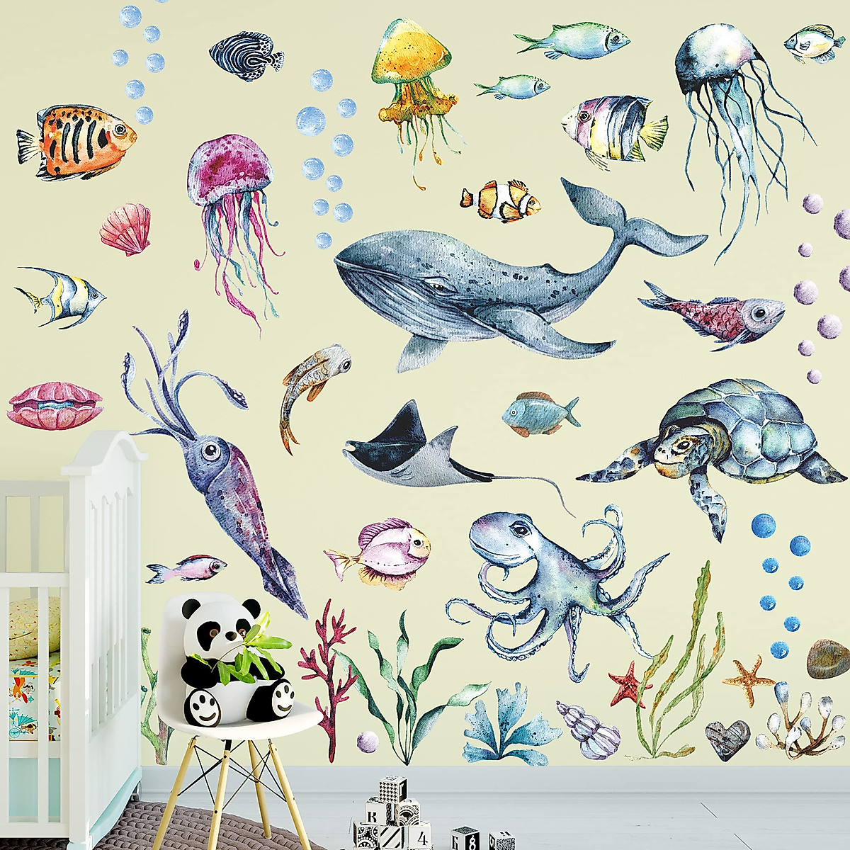 LiveGallery Ocean Life Wall Decals Under The Sea Wall Stickers Whale Jellyfish Clownfish Sea Turtle Cuttlefish Shell Seaweed Conch Coral Wall Decorations for Kids Bedroom Living Room Nursery