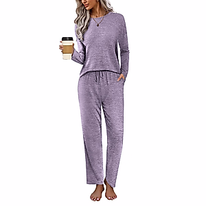 Ekouaer Winter Pajama Set Women's Scoopneck Night Shirt Nightwear Christmas Holiday Family Party Purple,L
