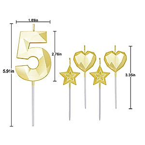 Gold Number 5 Candles and Star Heart Candles 2.76 inch Number Candles for Birthday Cakes 3D Diamond Shaped for Cake Decorations(Gold Candle 5)
