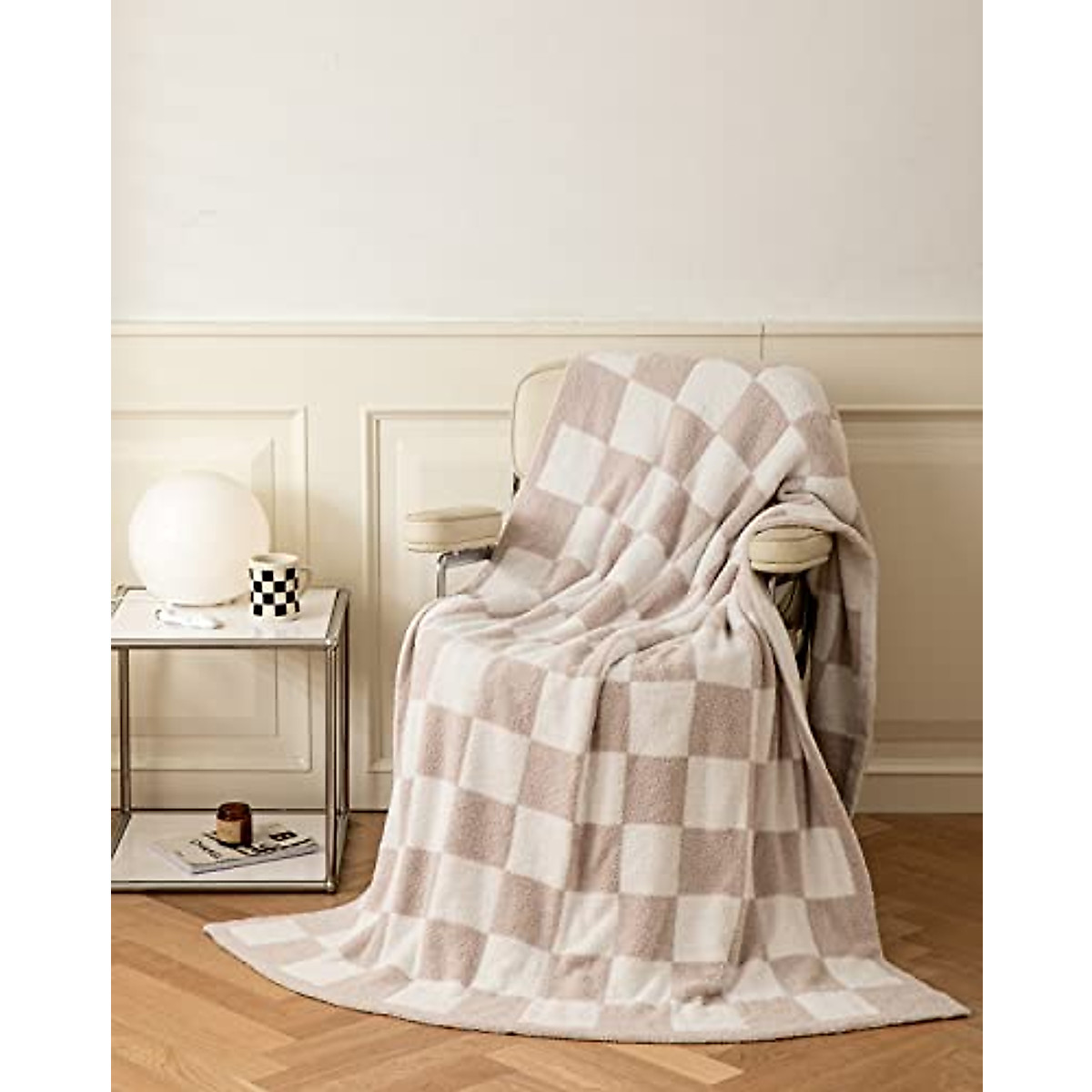 Ultra Soft Cozy Buffalo Checkerboard Grid Fluffy Microfiber Knitted Throw Blanket Lightweight Fleece Checkered Blanket for Sofa Couch Bed Travel Cream 51"X63"