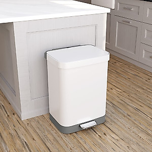 Glad Stainless Steel Step Trash Can with Clorox Odor Protection | Large Metal Kitchen Garbage Bin with Soft Close Lid, Foot Pedal and Waste Bag Roll Holder, 13 Gallon, White