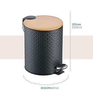 AWENN - Kitchen Garbage Trash Can with Wooden Lid and Pedal - Touchless Round Shape Waste Bin - Stainless Steel Dustbin for Kitchen, Bathroom, Office and Outdoors – Black (1.3 Gallon – 5 Liters)