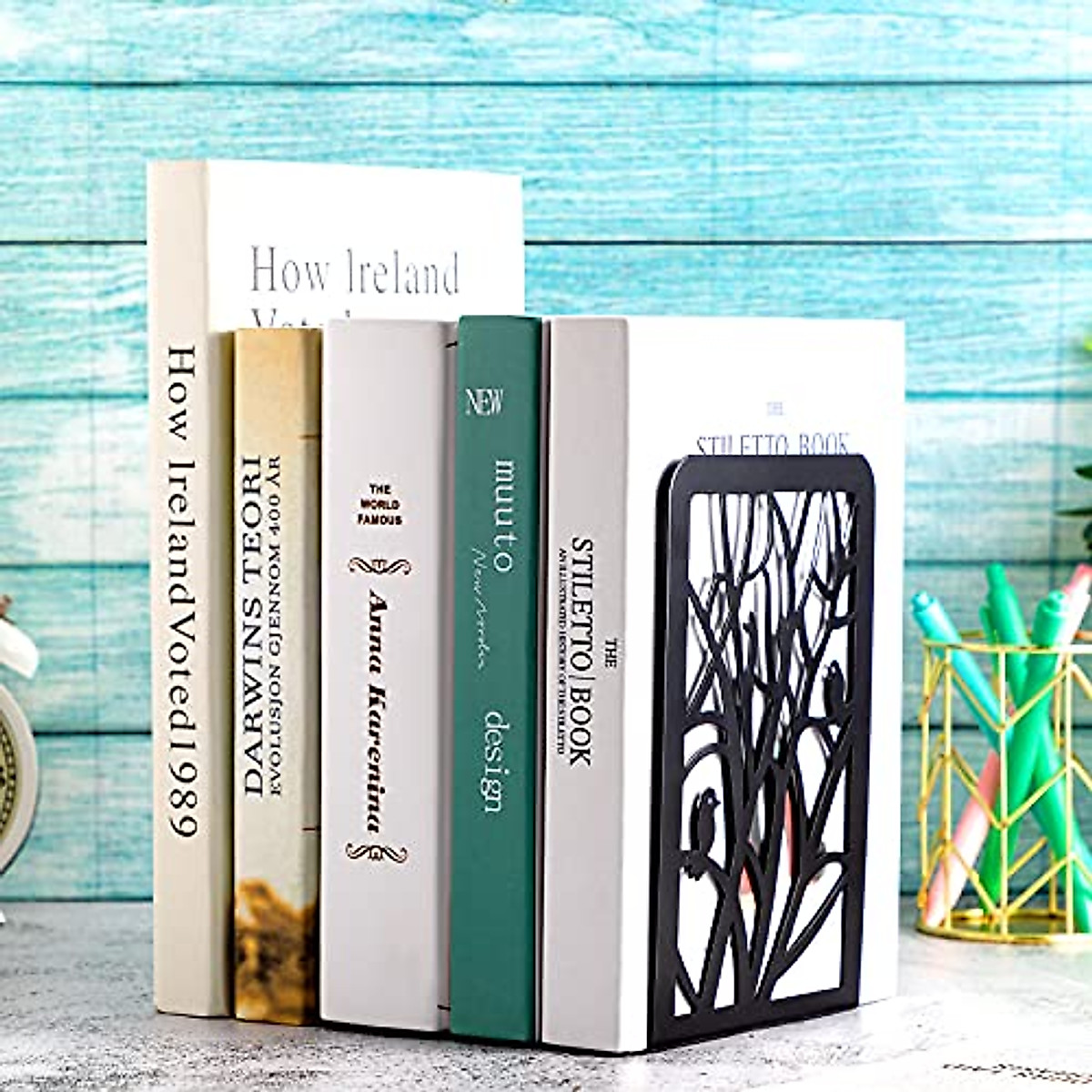 3 Pairs Metal Bookends for Shelves Decorative Tree Book Holder Leaf Bookends Geometrical Art Design Book Stopper for Book Divider Decorative Holder, Home, Office, School Supplies (Black, Tree Shadows)