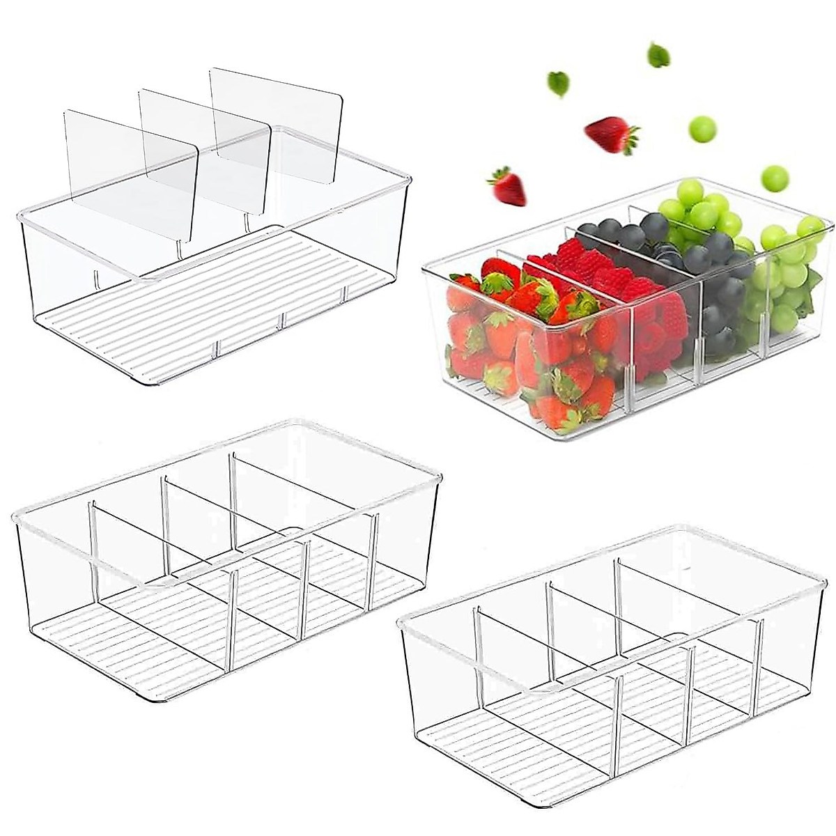 Tesdluy 4 Pack Refrigerator Organizer Storage Bins,3 Removable Dividers Clear Food Grade Plastic Stackable, Easy Pantry Organization for Kitchen, Cabinet, Fridge ﻿