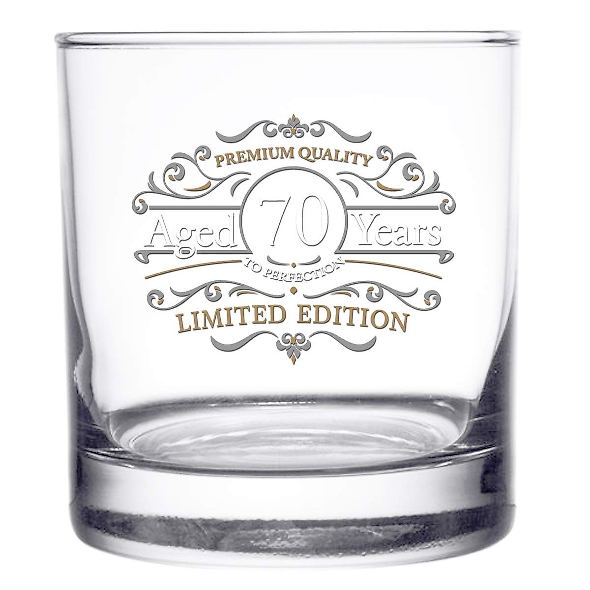 Vintage Edition Birthday Whiskey Scotch Glass (70th Anniversary) 11 oz- Vintage Happy Birthday Old Fashioned Whiskey Glasses for 70 Year Old- Classic Lowball Rocks Glass- Birthday, Reunion Gift