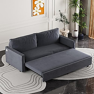 Verfur Pull Out Couch, Dark Gray Velet 63.8" Queen with USB Port