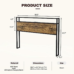 IKIFLY Queen Size Storage Headboard with LED Lights & Charging Station - Industrial Metal and Wood Queen Headboard Only for Bedroom, Attach Frame, Easy Assembly - Rustic Brown