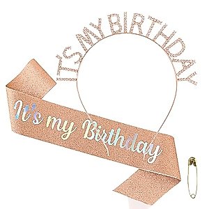 BAHABY Birthday Crowns for Women, It's My Birthday Sash & Birthday Headband Set Princess Birthday Sash and Tiara Birthday Gifts for Women Girls Sweet Happy Birthday Accessories for Party- Rose Gold
